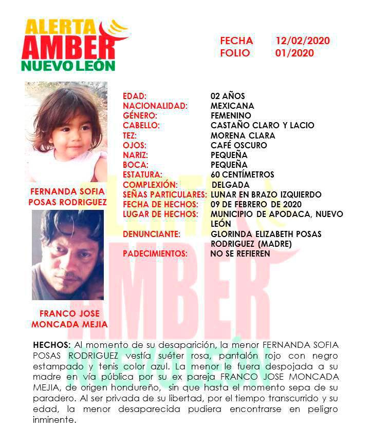 Lanza Alerta Amber por robo de niña de 2 años en Apodaca
